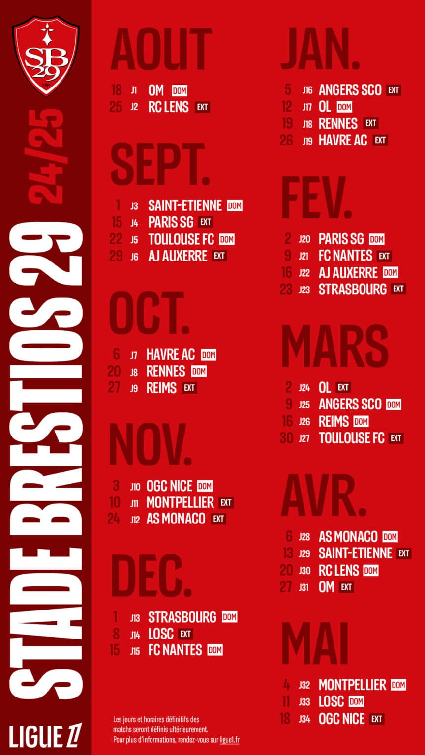 Ligue 1. Le calendrier complet du Stade Rennais, du FC Nantes et du ...